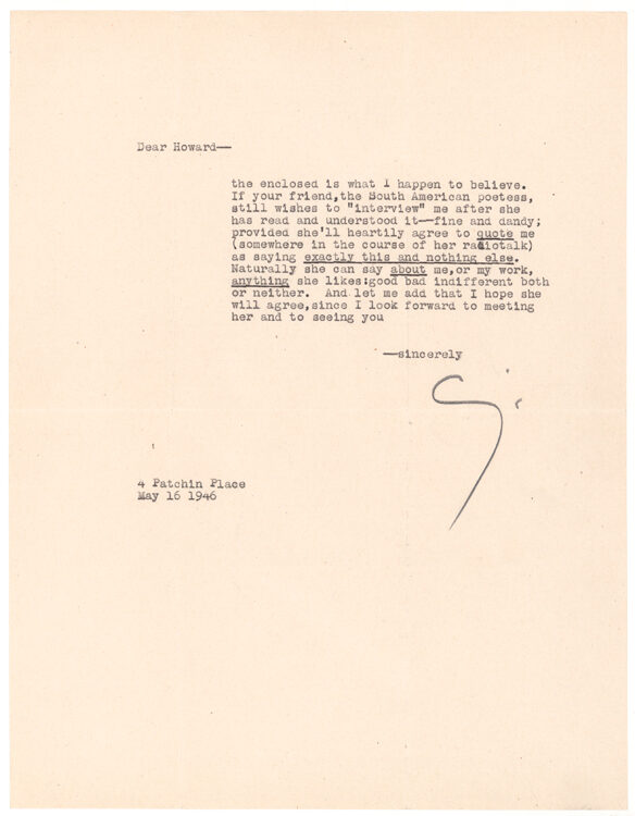 Typed Letter, signed “Cummings” , to Howard Rothschild - E. E. Cummings